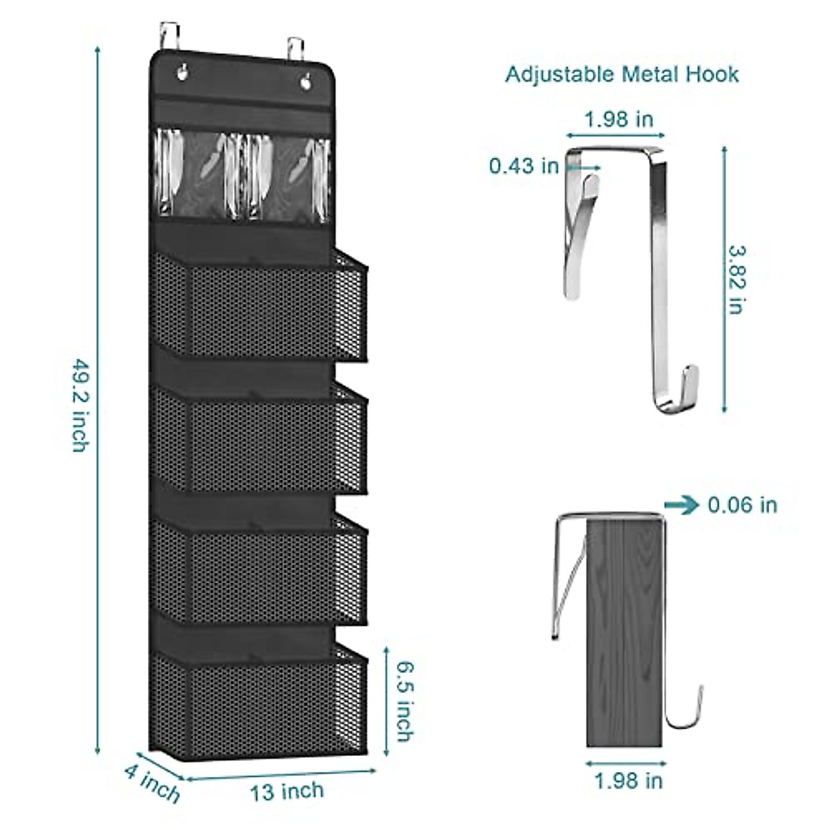 NPET Over Door Hanging Organizer Wall Mount Storage with Clear PVC Pocket, EVA Waterproof Mesh Pocket and Oxford Cloth Material for Closet Bedroom Nursery Dorm (33BK01, Black)