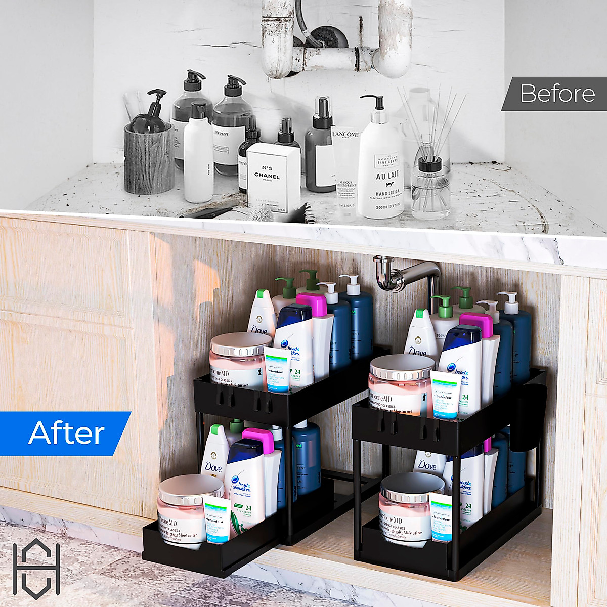 HomeCentral Under Sink Organizers and Storage, 2 Tier Kitchen and Bathroom Cabinet Organizer with Paper Towel Holder, 2 Pack Under Sink Organizer with Hooks, Cups and Pull Out Drawers