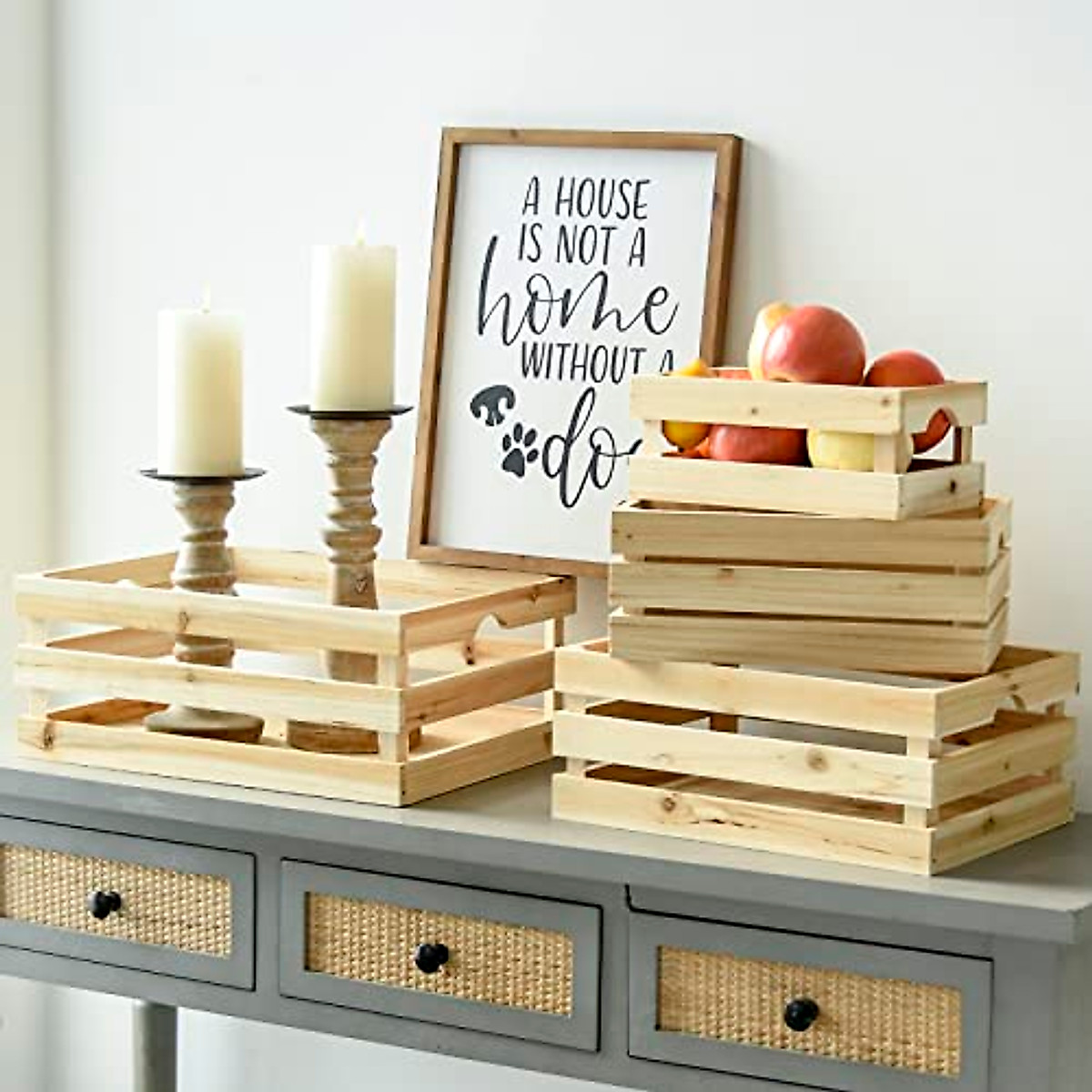 MACVAD Set of 4 Large Wooden Crates Unfinished Office Storage Crates, Decorative Wood Storage Crates for Display, Rustic Pine Wood Organizer Bin Basket for Kitchen Pantry Bathroom