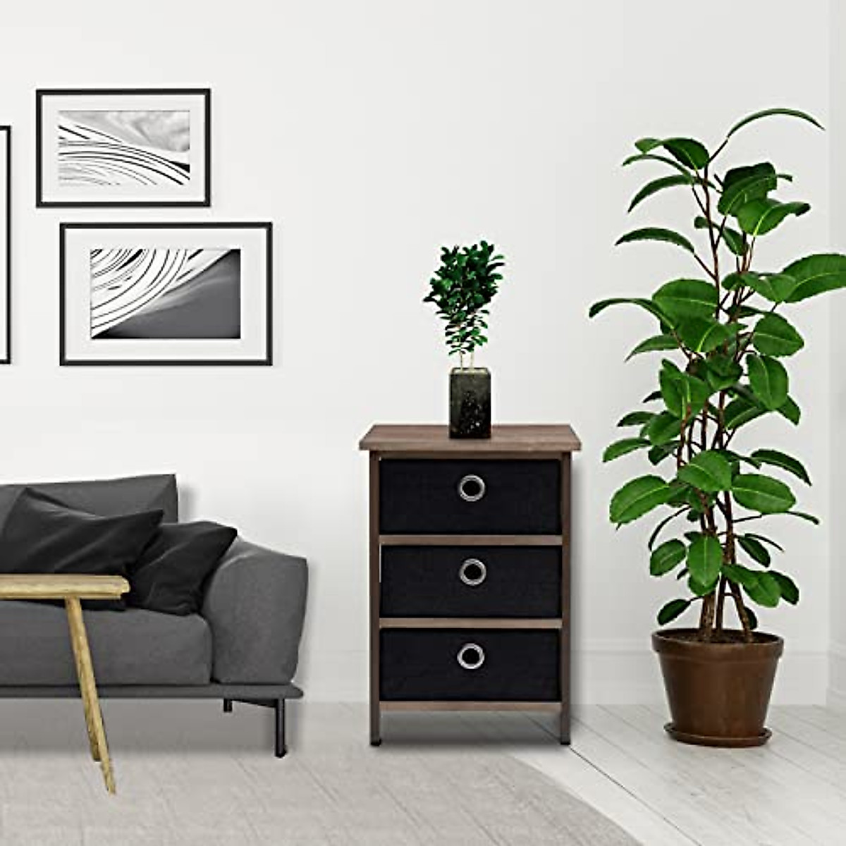 NO MORE TAG Nightstand with 3 Fabric Drawers, Fabric Dresser, Fabric Night Stand, Bedside Table for Small Place, Bedroom, Wood Top&Easy Pull Fabric Bins, Brown & Black