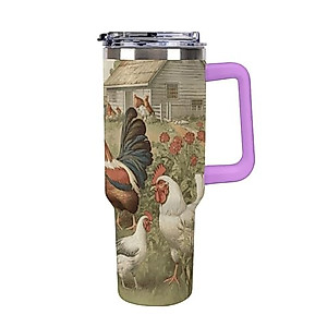 LLUTSNTH 40 Oz Vacuum Tumbler with Violet Handle Leakproof Insulated Tumbler Chickens And Farm Stainless Steel Travel Mug with Lid And Straw Coffee Cup Cute Water Bottles Cup Holder Friendly