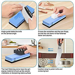 Whetstone Knife Sharpening Stone 4 Side Grit 400/1000 3000/8000, Professional Whetstone Knife Sharpener, Knife Sharpening Kit with Non-Slip Bamboo Base, Leather Strop, Flattening Stone & Angle Guide
