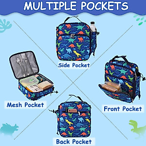 RAVUO Lunch Bag for Kids, Insulated Lunch Box Large Reusable Lunch Tote with Detachable Shoulder Strap,Water Resistant Thermal School Lunch Cooler for Girls and Boys (Dinosaur)