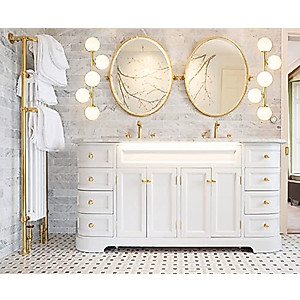 Bathroom Vanity Lights, 5-Light Bathroom Light Fixtures, Mid Century Modern Gold Bathroom Light Ceiling Light, Dimmable LED Wall Sconces Semi-Flush Mount Light Fixture with Milk Glass, Gold Brushed