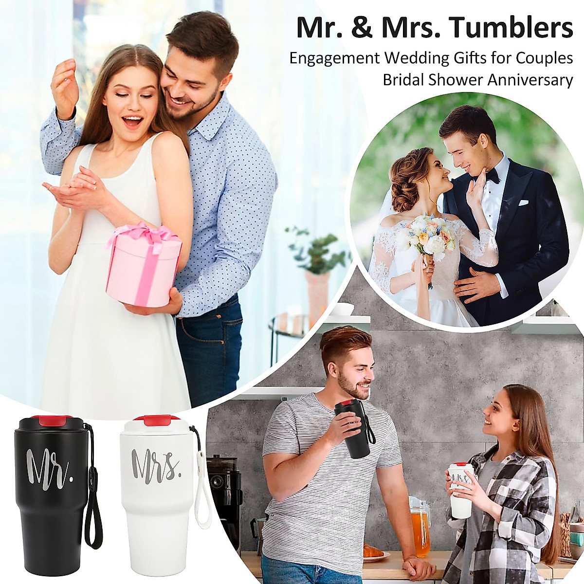 Mr & Mrs Tumblers Set, Mr and Mrs Stainless Steel Insulated Travel Mug Tumblers with Hand Strap, 20 oz Couples Drinking Coffee Cups for Newlyweds Engagement Wedding Gifts Bridal Shower Anniversary