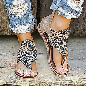 Bomden Womens Sandals, Flat Sole, Leopard Printed, Back Zipper, Summer Clip-Toe Shoes Comfy Sandals Flats Casual Beach Plus Size Flops Slippers Shoes, Khaki, Size:39 US:8 Foot Length:24.5cm9.65 inch