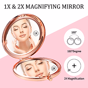 Dynippy Compact Mirror Round Rose Gold Cosmetic Mirror Folding Mini Pocket Mirror Portable Hand Mirror Double Sided Curved 2 x 1x Magnification Woman Mother Child Great Gift - Rose Gold