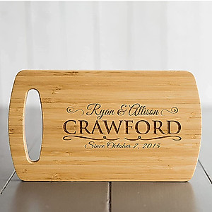 Personalized Wedding Gift for Couples - Engraved Bamboo Cutting Board - Engagement Gifts or Bride to Be Gifts - Mr & Mrs Gift (Mini Board with Easy Carry Handle, Crawford Design)