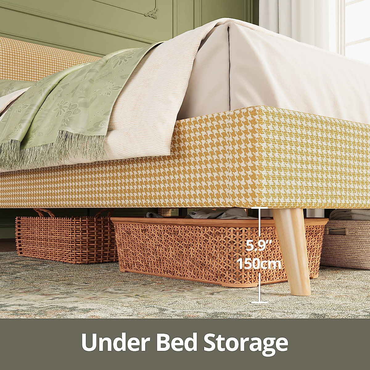 LIKIMIO Queen Bed Frame with Headboard, Fully Cotton Upholstered Foundation, Wooden Slats Support, Noise Free, No Box Spring Needed, Easy Assembly, Rustic Yellow and White Checkered