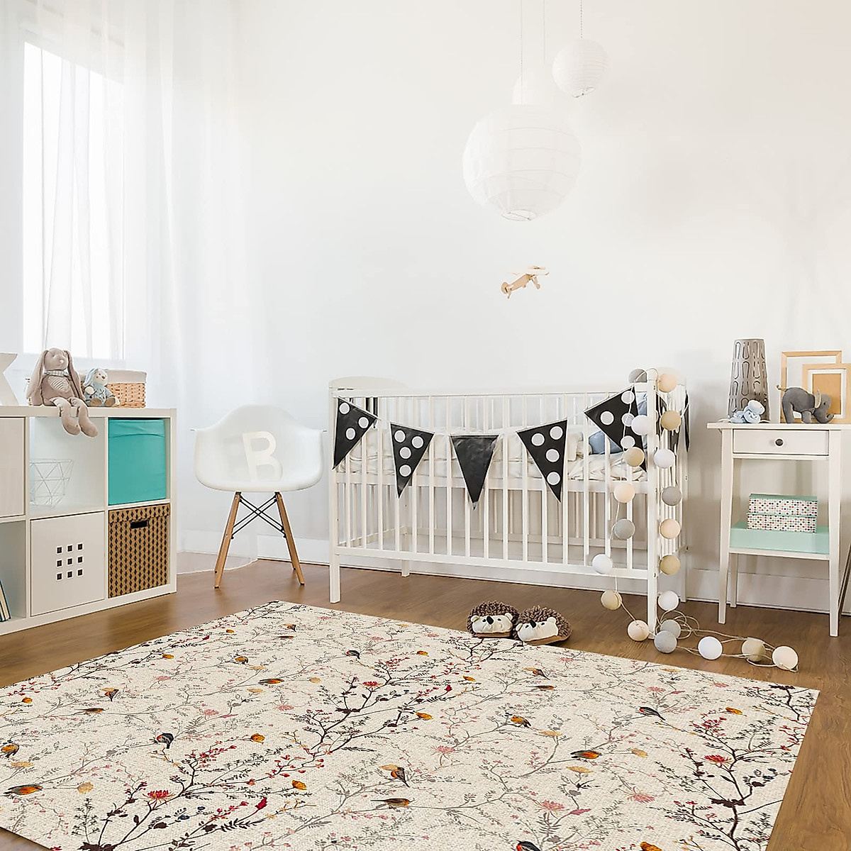 Large Area Rug 2' x 3' Throw Carpet Floor Cover Nursery Rugs for Children, Rustic Floral Modern Kitchen Mat Runner Rugs for Living Room/Bedroom Spring Bird Flowers Burlap Backdrop