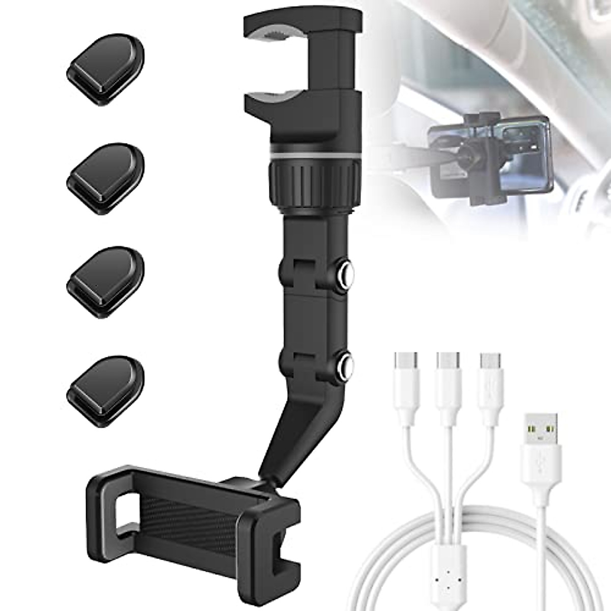 360 Degrees Rearview Mirror Phone Holder Multifunctional Rotating Car Phone Bracket,Phone and GPS Holder Universal 360° Car Phone Holder for Most Phones with Car Hook and 3 in 1 Data Cable (Black)