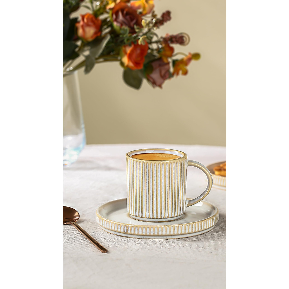 famiware Star Espresso Cups and Saucers Set of 4, [ Mini ] 3 oz Ceramic Small Coffee Mug with Handle, Ribbed Stoneware Demitasse Cup for Tea, Latte - Microwave & Dishwasher Safe - Cappuccino White