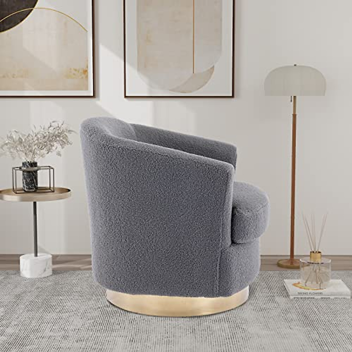 HomSof 30.7''W Boucle Swivel Accent Barrel Modern Comfy Sofa with Gold Stainless Steel Base 360 Degree Club Arm Chair for Nursery Bedroom Living Room Lounge Hotel, Gray