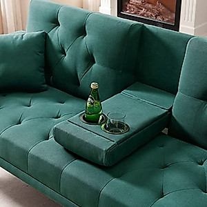 Eafurn Linen Upholstered Convertible Folding Futon Bed, Button Tufted Loveseat Compact Living Space, Apartment, Dorm, Bonus Room w/Metal Legs, 2 Cupholders,Comfy Sofa & Couches, Green 75.59"