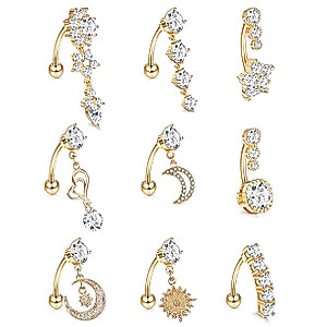Masedy 9Pcs 14G Stainless Steel Dangle Belly Rings for Women Reverse Navel Rings Curved Barbell Body Piercing Jewelry Gold