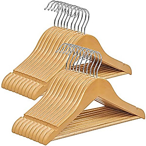 SONGMICS Kids Wooden Hangers 20 Pack, Solid Wood Baby Hangers, Children's Coat Hangers with Pants Bar, Shoulder Notches, Swivel Hooks, 12.6 x 7.5 Inches, Natural and Silver UCRW06NL