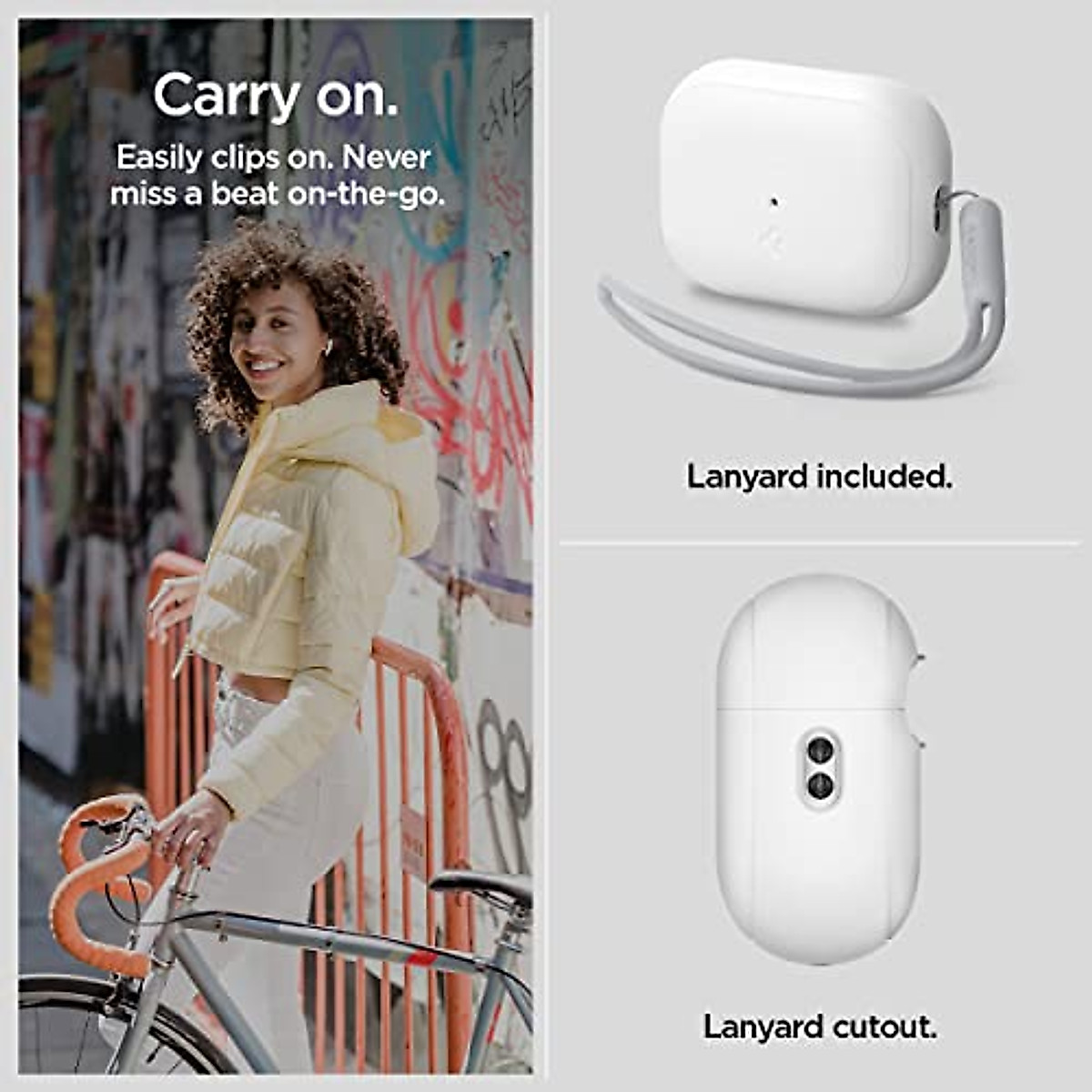 Spigen Silicone Fit Designed for AirPods Pro 2nd Generation Case 2022/2023 (USB-C/Lightening Cable) Airpods Pro 2 Case with Lanyard - White/Gray