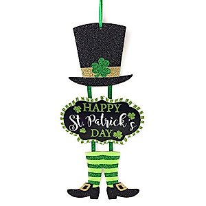 Happy St Patricks Day Leprechaun Glitter Hanging Wall Plaque Sign with Lucky Irish Shamrock Clover on Hat – Vertical Dangling Welcome Home Decor – Saint Paddys Door Decoration