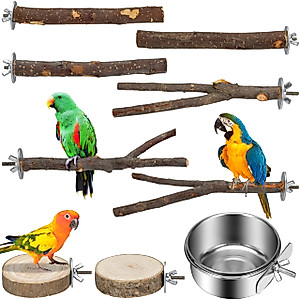 KaKaPops Bird Perches 9 Pack Parakeet Toys Wooden Parrot Stand Branch, Bird Cage Accessories with Bird Feeding Cup, Bird Toys for Cockatiels Small Birds