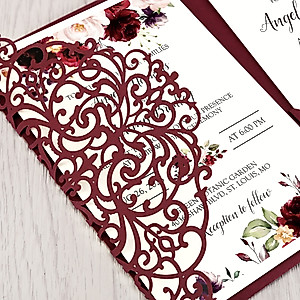 DORIS HOME 50pcs Burgundy Customized 4.7x7 Inch Wedding Invitation Kits Laser Cut Hollow Rose Pocket Wedding Invitations with Envelopes For Wedding Bridal Shower Engagement Invite