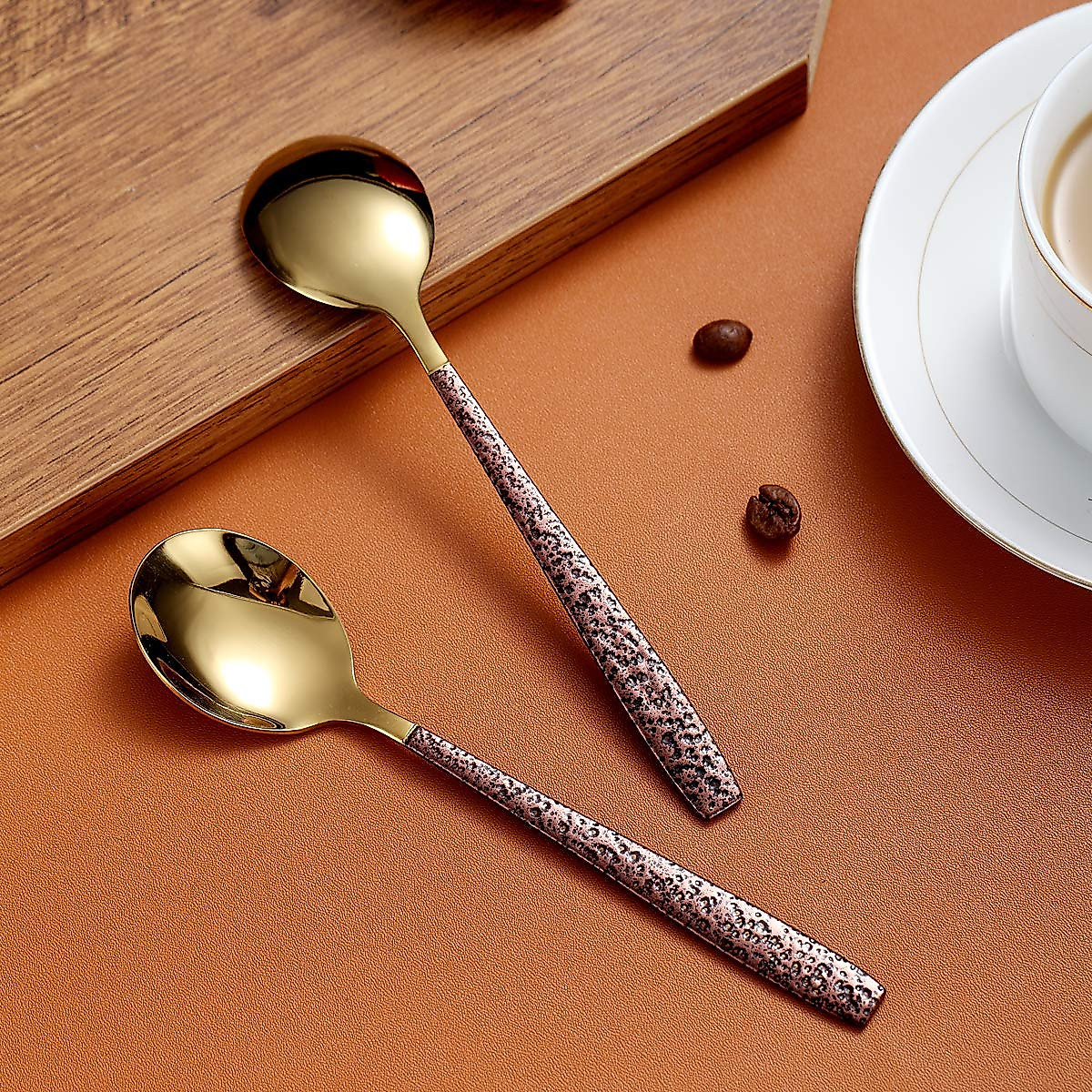 Berglander Tea Spoon Set Of 4 With Moon Surface Handle And Shiny Gold Head, Stainless Steel Teaspoons Tea Spoons Silverware Set Small Spoons Coffee Spoons