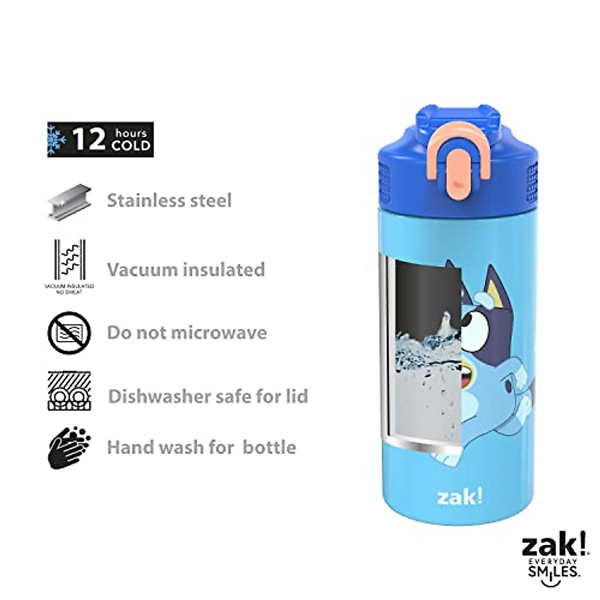 zak! Bluey - Stainless Steel Vacuum Insulated Water Bottle - 14 oz - Durable & Leak Proof - Flip-Up Straw Spout & Built-In Carrying Loop - BPA Free