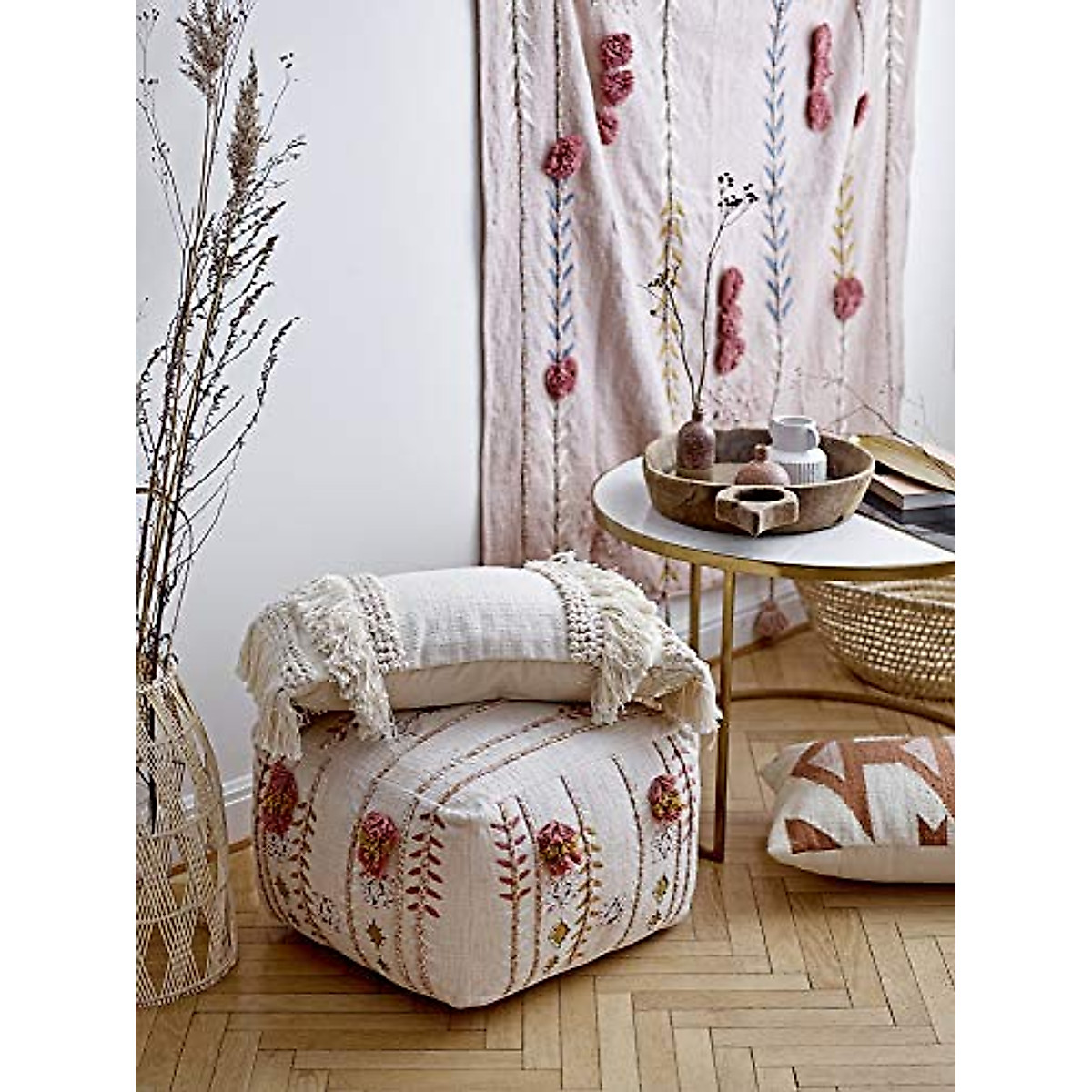 Creative Co-Op Creative Co-Op Cotton and Chenille Woven Lumbar Pillow with Fringe, Cream