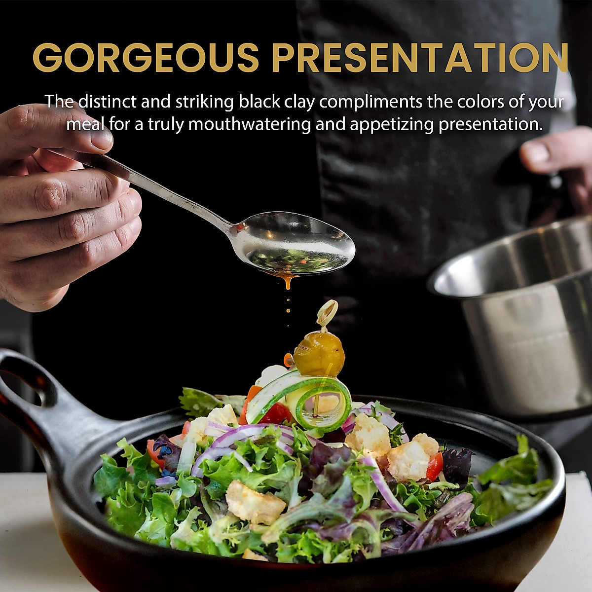 Toque Blanche Authentic Chamba Saute Pan - Black Clay Saute Pan with Small Handle - Handmade Cookware Pan from Colombian Clay - Serving Simmer Pot and Cooking Saute Pan for Stovetop & Oven 10.5 inches