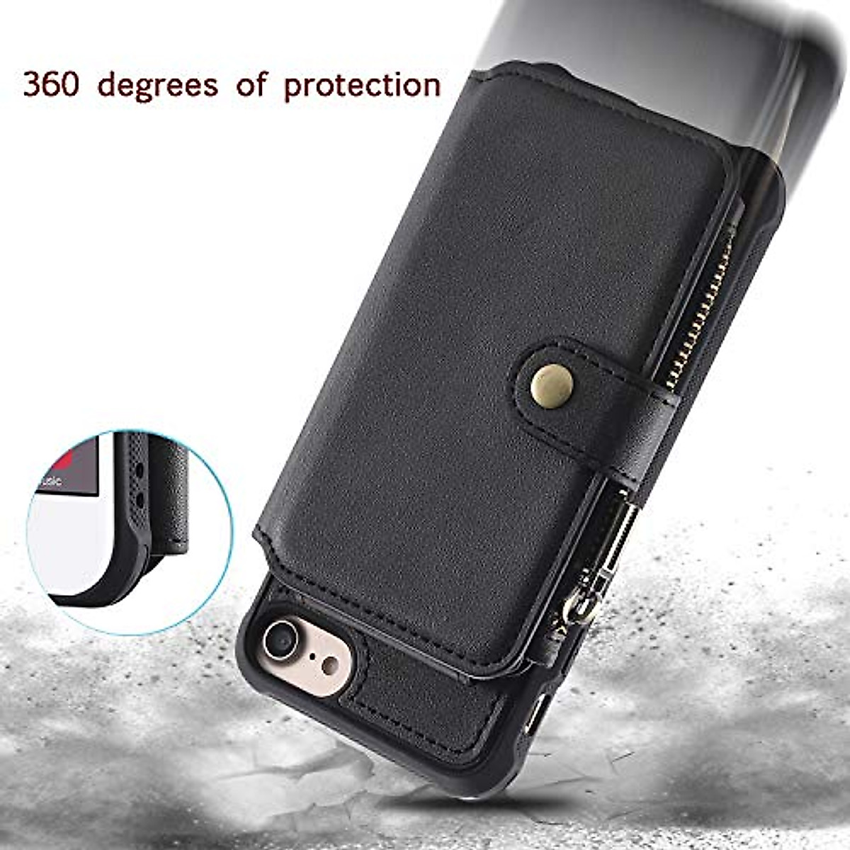 Phone Cover for iPhone 8 2019 Leather,Black 4.7inch Holder 8 Card Slot (ID Card,Credit Card) Magnetic Buckle Coin Pocket with Zipper Photo Frame Cash Slot Waterproof Gift Girls Boys Unisex