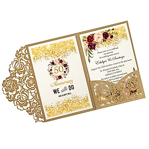 DORIS HOME 50pcs Laser Cut Wedding Invitations with Envelopes Gold, 4.7x7.1 Blank Invitation Cards for Wedding, 50 Anniversary Invitations with Envelopes