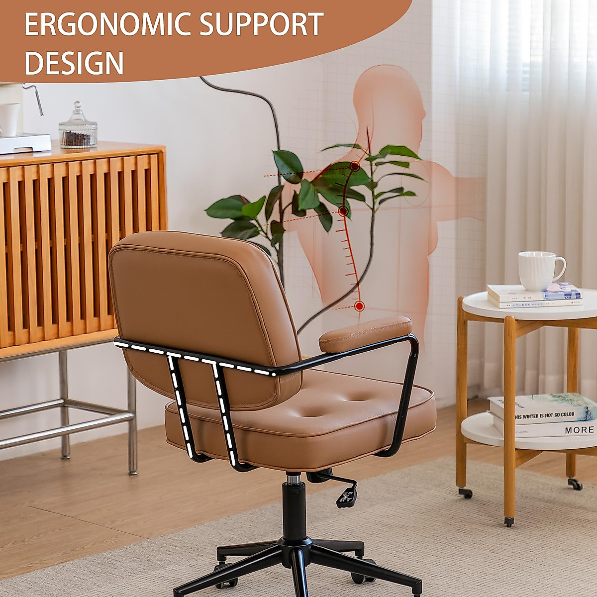 NTailed FOX Mid Century Office Chair, Swivel Desk Chair with Wheels and Arms, Height Adjustable Rolling Chair, Small Leather Office Chair for Adults (Brown)