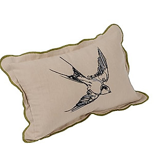 Creative Co-Op 14 Inches Cotton Chambray Printed Lumbar Bird, Embroidery, Patterned Back and Scalloped Edge, Multicolored Pillow, Natural