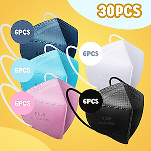 SOYES 30 Pcs Kids KN95 Face Masks, 5-Ply Multicolor Kids Protection Face Mask(Black, Navy blue, White, Pink, Light blue)