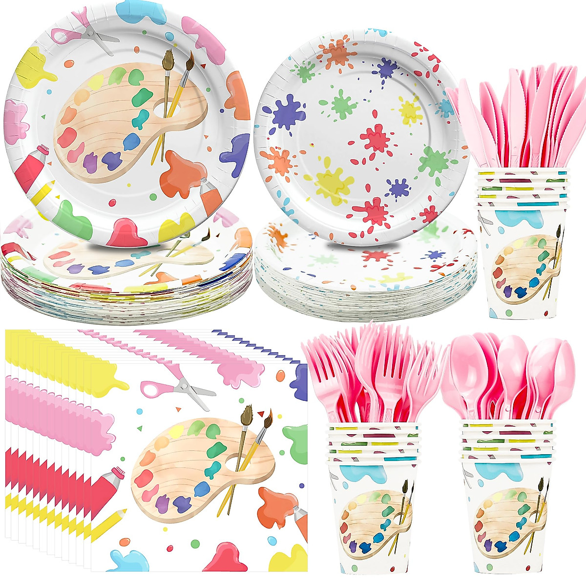 NAIWOXI Art Paint Party Supplies Tableware - Paint Art Party Decorations Dinnerware, Plates, Napkins, Cups, Cutlery, Art Painting Themed Party Supplies For Birthday Baby Shower | Serves 24