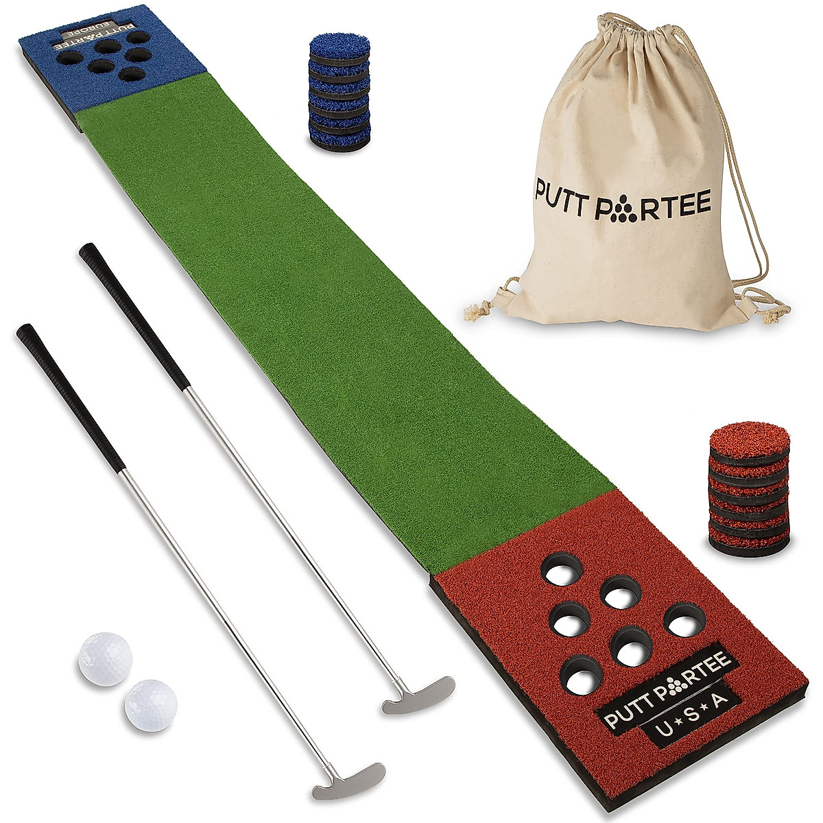 Putt Partee Golf Pong Putting Game, Portable Indoor-Outdoor Golf Game Set with Realistic Putting Green, 2 Real Golf Balls, 2 Golf Putters & Travel Bag, Fun Tailgate Games and Yard Games