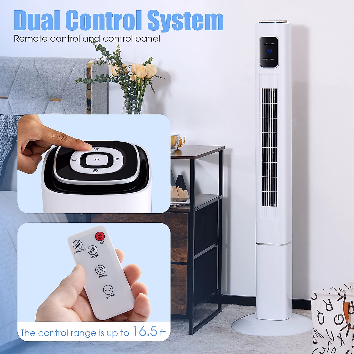 LDAILY 48 Inch Oscillating Tower Fan, Quiet Powerful Bladeless Fan with 3 Speeds, 3 Modes, Remote Control, 15H Timer, LED Display, Floor Standing Household Fan for Bedroom Living Room Office