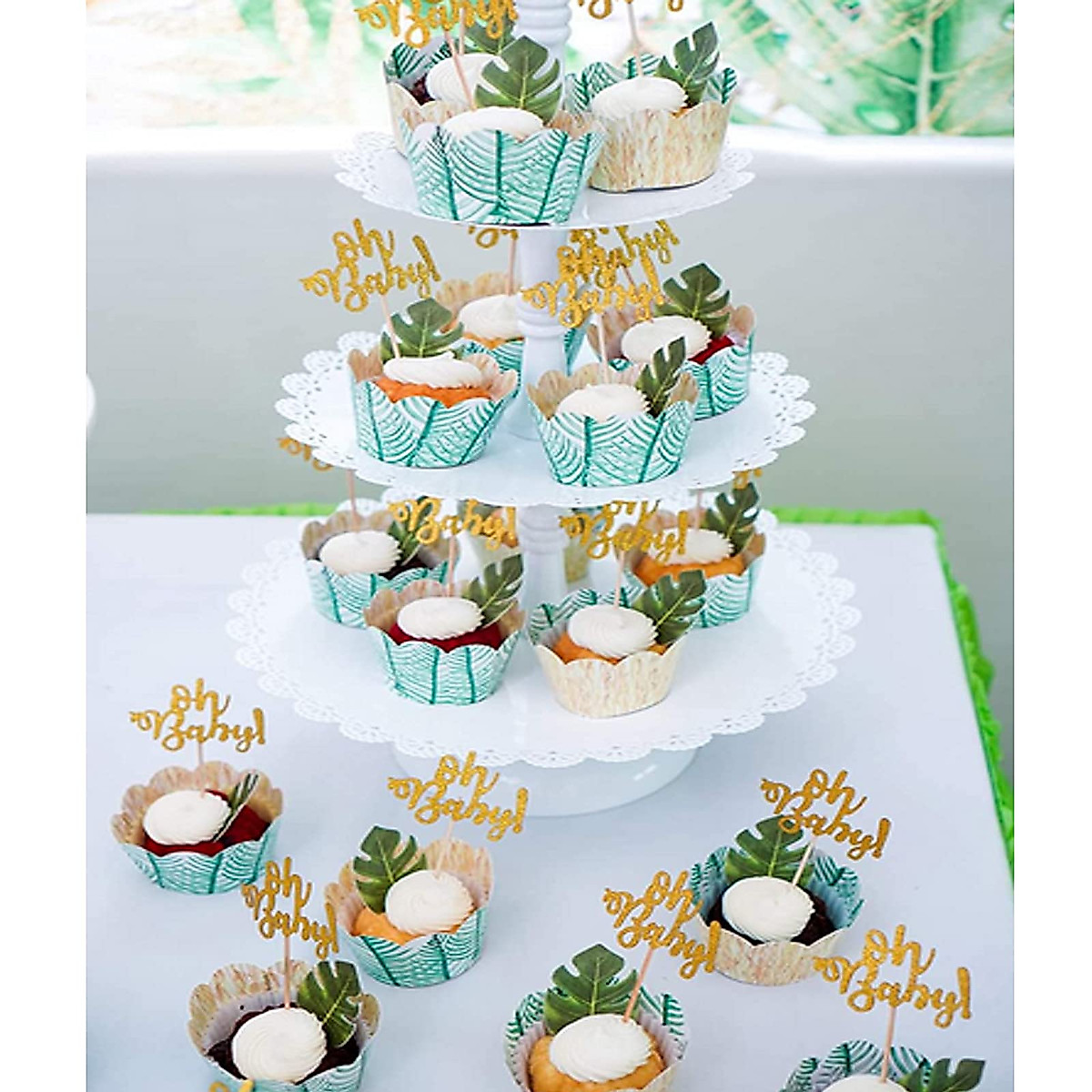 GEORLD 48pcs Edible Tropical Turtle Leaves Cupcake toppers Palm Leaf Cake for Hawaii Theme Jungle Party Cake Summer Decoration