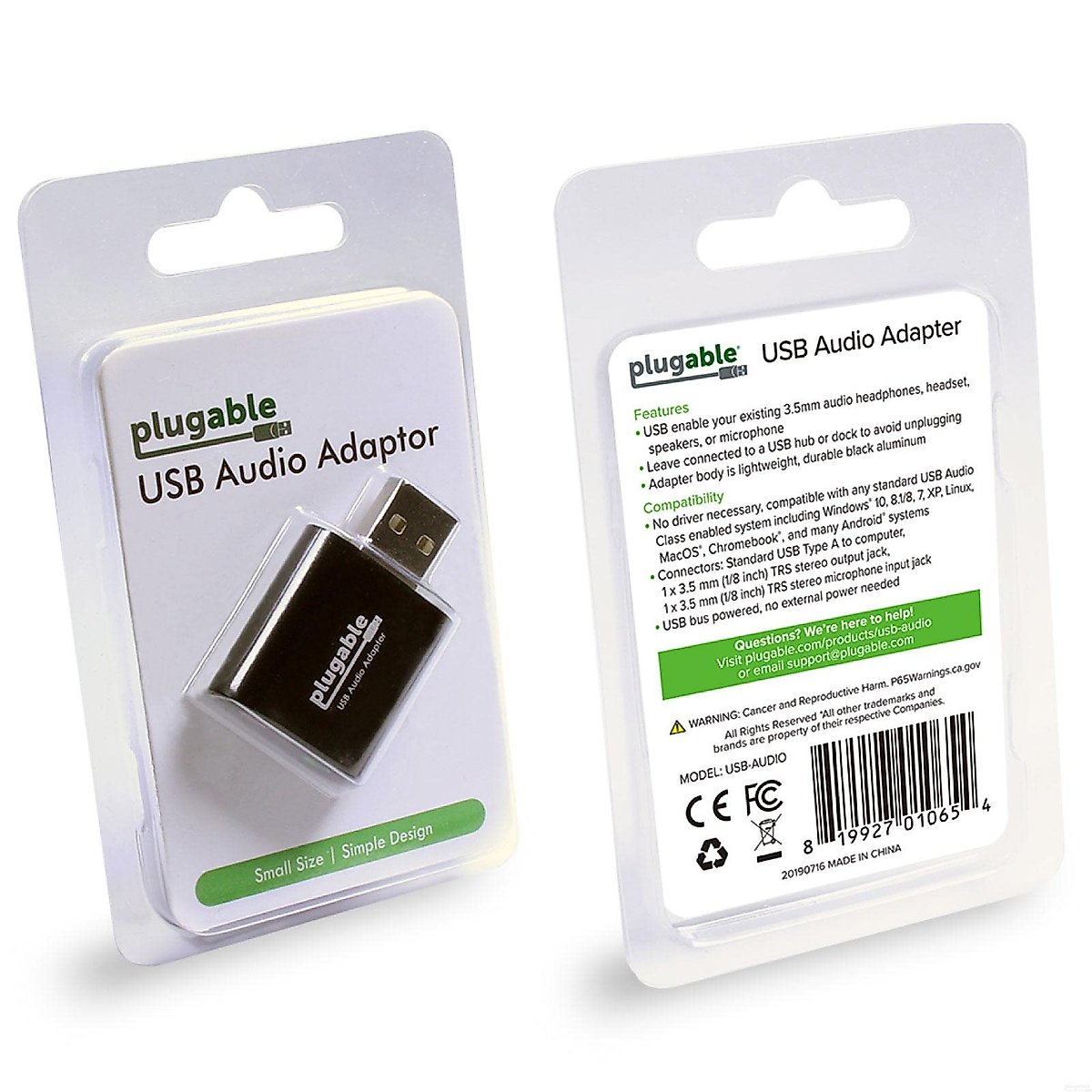 Plugable USB Audio Adapter with 3.5mm Speaker-Headphone and Microphone Jack, Add an External Stereo Sound Card to Any PC, Compatible with Windows, Mac, and Linux - Driverless
