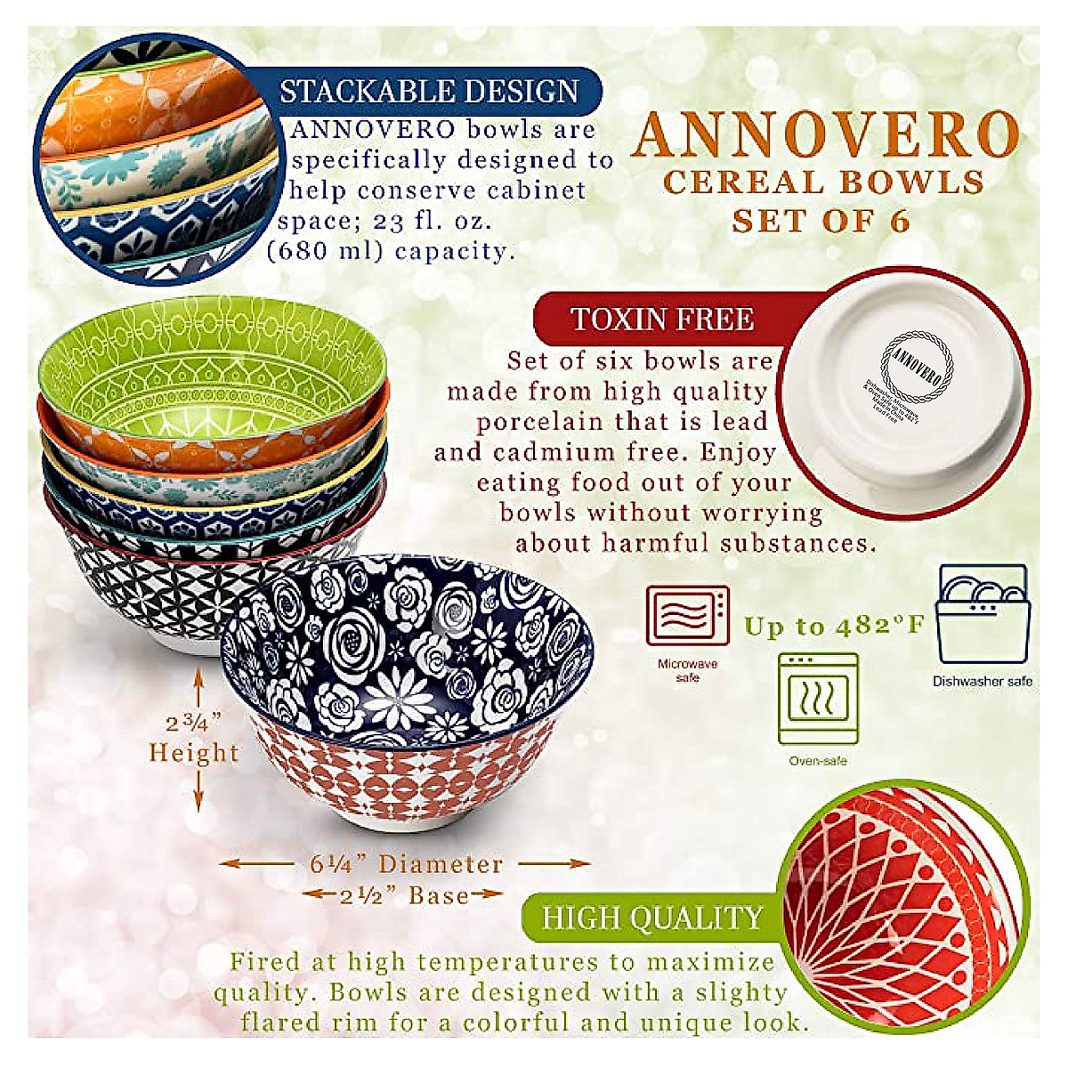 Annovero Cereal Bowls, Dessert Bowls, Serving Bowls, Pasta Bowls. Cute and Colorful Porcelain Dishes for Kitchen, Microwave and Oven Safe. Bundle