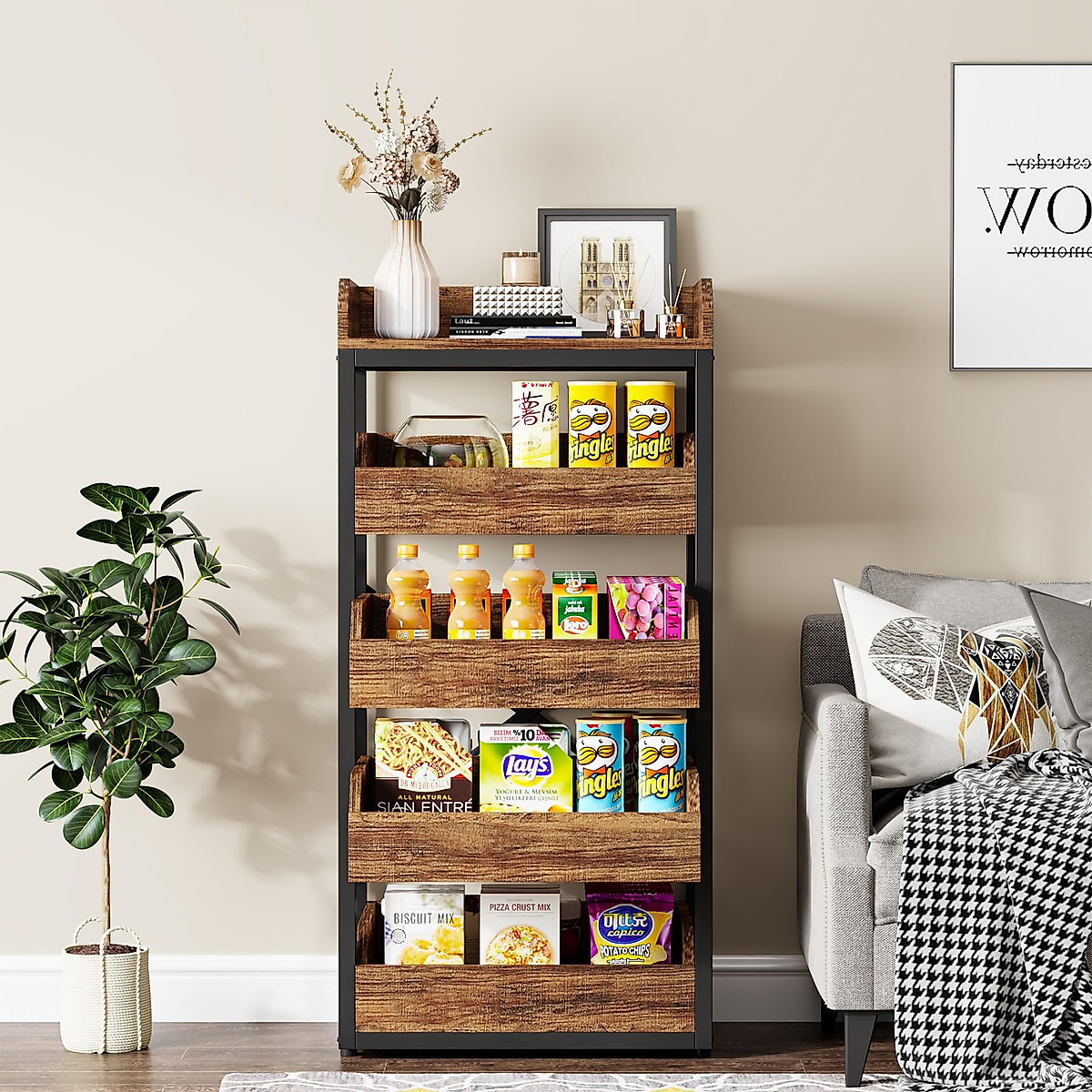 Tribesigns Wood Fruit and Vegetable Storage Rack, 5-Tier Pull-Out Snack Stand Fruit Basket Stand, Utility Shelf Organizer for Kitchen, Living Room, Bedroom, Rustic Brown