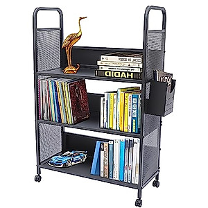 Office Book Carts, Rolling Book Truck Book Cart with 3 Flat Shelves, Library Book Cart with Swivel Lockable Casters, Book Cart,Library Cart,Rolling Library Book Cart Shelves,for Home Shelves Office