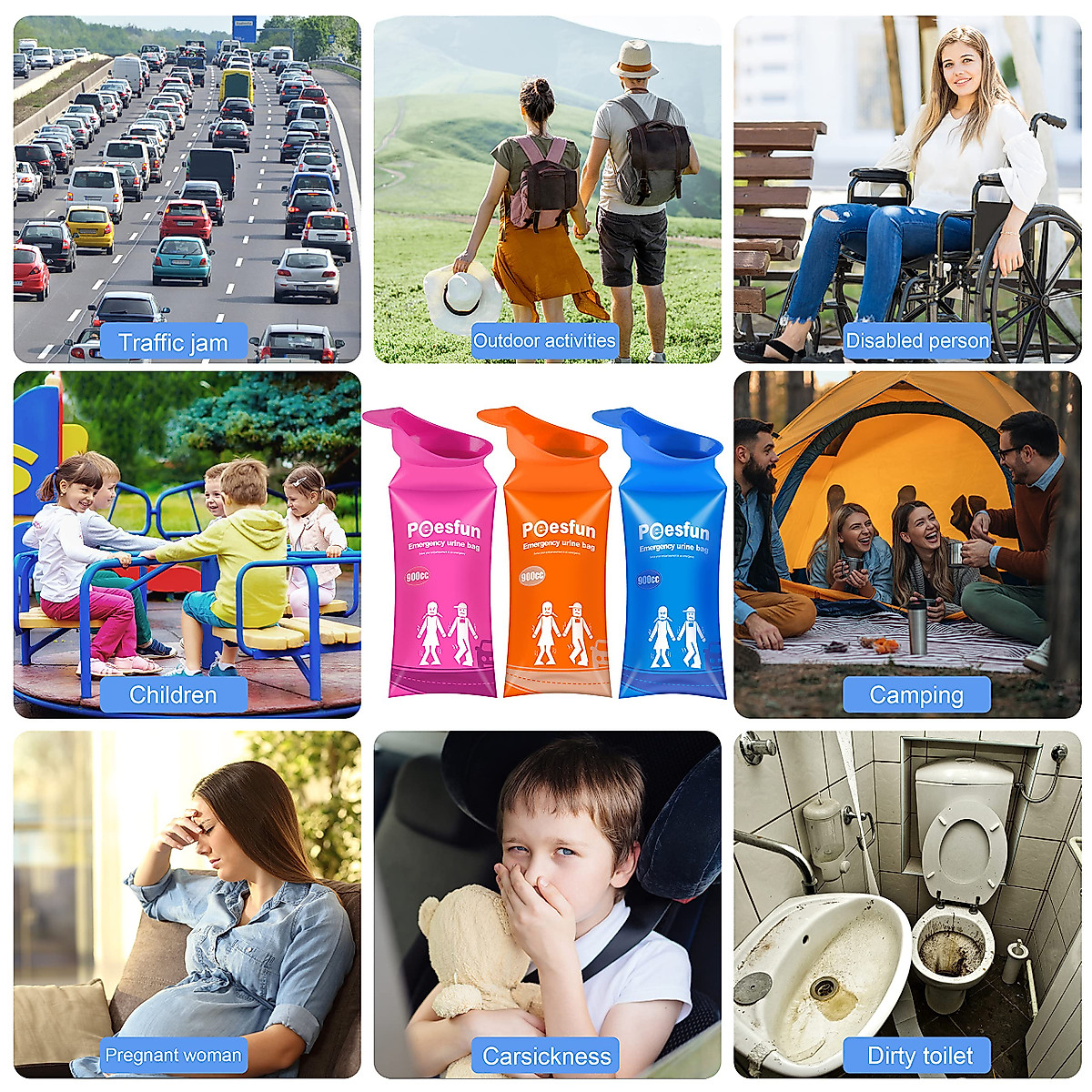 Peesfun Disposable Urinal Bag, 2024 Upgraded 900ML Emergency Urine Bag, Pee Bags for Travel, Urinals Portable for Car, Universal Urinal Bag for Men, Women and Children, Essential for Outdoor Travel