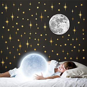 Moon and Stars Wall Decal Moon Wall Sticker Gold Star Decals Peel and Stick Wall Stickers Mural for Kids Baby Room Nursery Wall Decor Vinyl Star for Ceiling Wall Decals for Bedroom Playroom Decoration