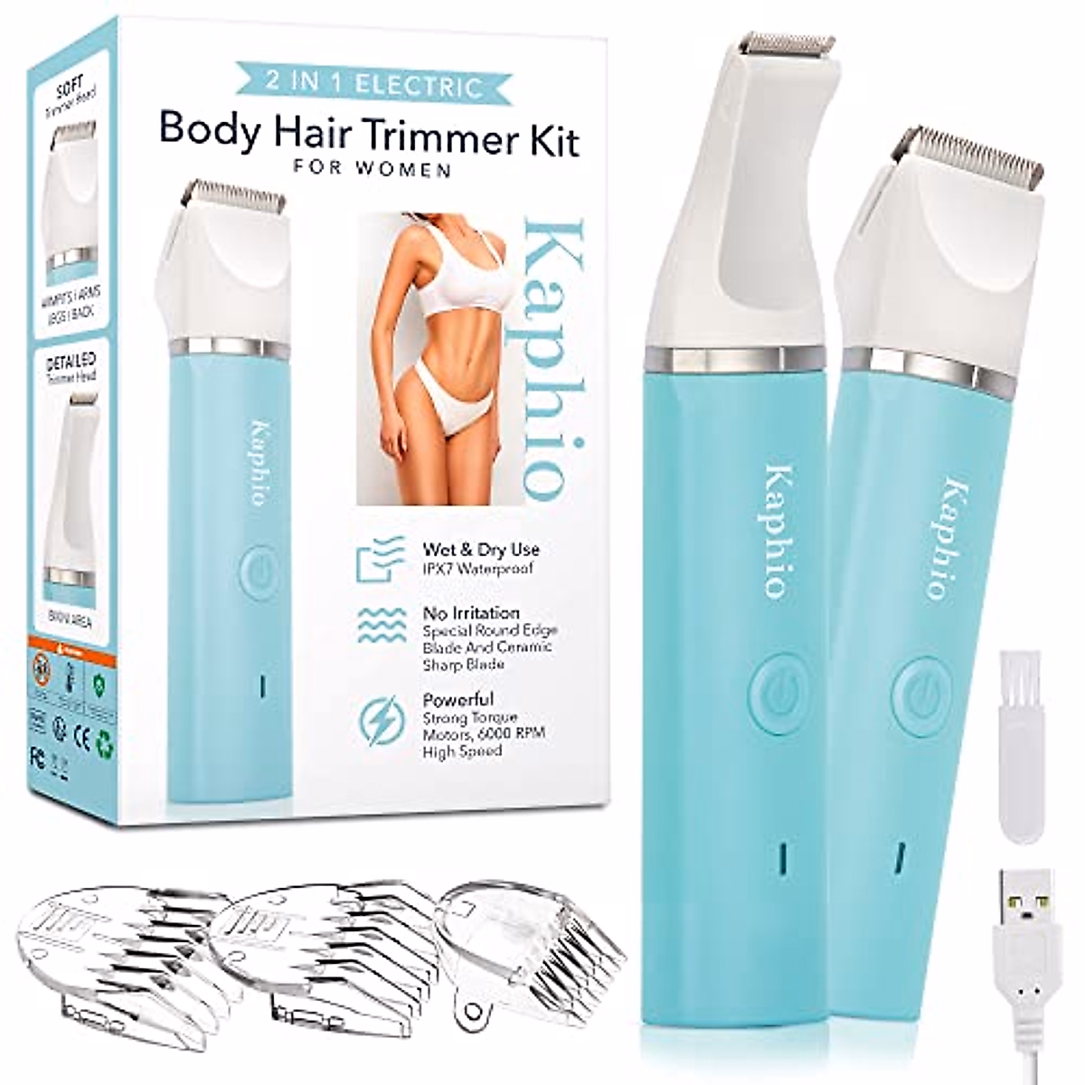 Kaphio Waterproof Bikini Trimmer, Hair Clippers for Women with 3 Hair Trimmer Guards for Clipping, 2 in 1 Rechargeable Body & Bikini Trimmer for Women, Tiffany Blue