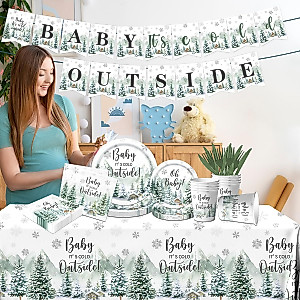 Winter Baby Shower Decorations, 142pcs Baby It's Cold Outside Baby Shower Woodland Plates Napkins Tablecloth Banner Gender Reveal Baby Shower Decorations Boy Girl for Holiday Christmas