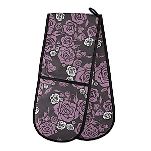 VIKKO Vintage Flower Purple Rose Double Mitt, Heat Resistant Kitchen Gloves Oven Mitts for Baking Microwave