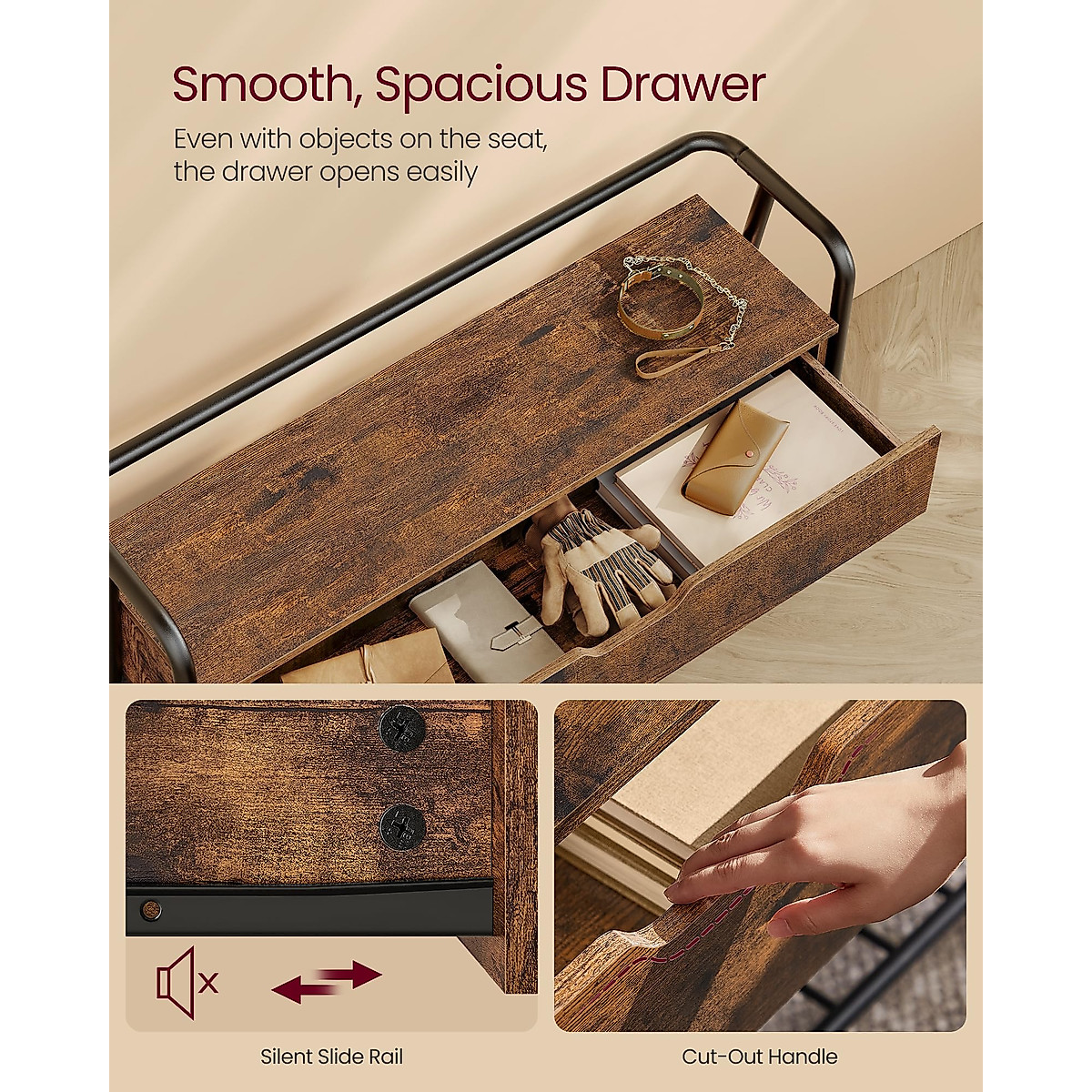 VASAGLE Shoe Storage Bench with Seating, Shoe Bench with Organizer Drawer, Industrial Style, Steel Frame, Holds Up to 600LB, for Entryway, Living Room, Bedroom, Rustic Brown and Ink Black, ULSB151K01