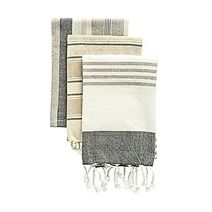 Creative Co-Op Grey & Tan Striped Cotton Tea Towels with Tassels (Set of 3)