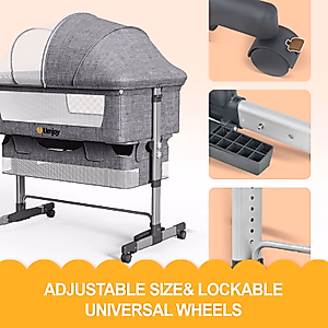 Uenjoy Baby Bassinet, Bedside Sleeper,Foldable Baby Bed to Bed, Adjustable Portable Bed for Infant/Baby/Newborn,with Mosquito Nets, Large Storage Bag, Comfortable Mattresses, Lockable Wheels,Gray