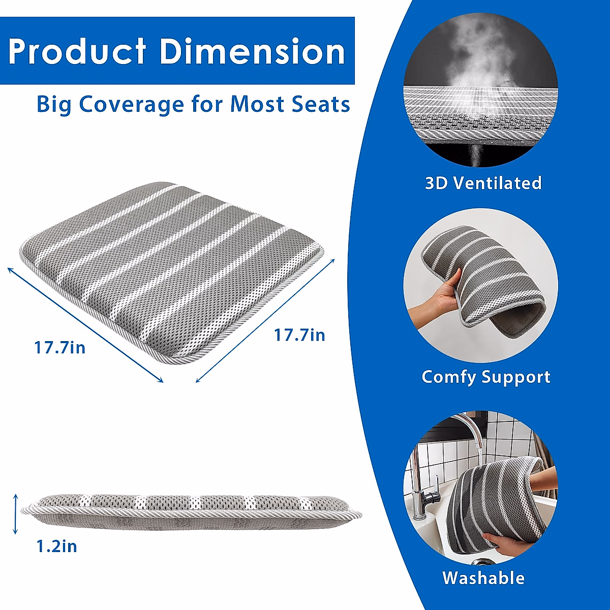AEROiVi Office Chair Cushion, Non-Slip Car Seat Cushion with 3D Airmesh Pad Easy to Wash Breathable for Long Sitting for Relief and Comfort Square